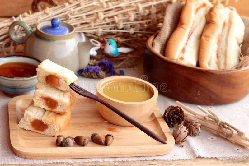 Bread with Milk Tea Custard and Hot Tea. Stock Photo - Image of healthy ...