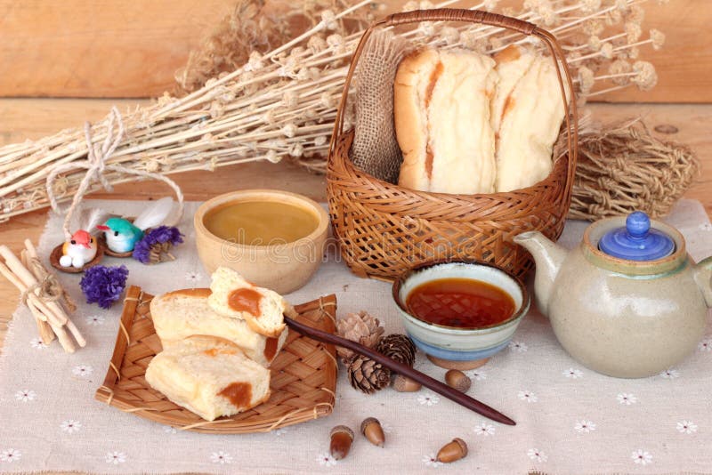 Bread with Milk Tea Custard and Hot Tea. Stock Photo - Image of loaf ...