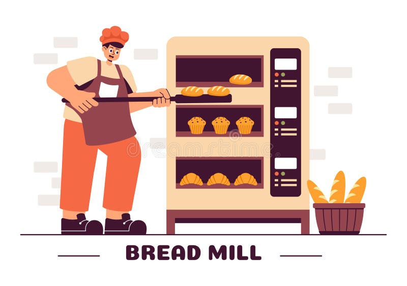 Bread Mill Vector Illustration Featuring Wheat Sacks, Assorted Breads ...