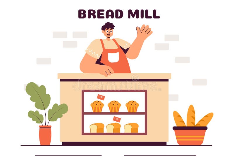 Bread Mill Vector Illustration Featuring Wheat Sacks, Assorted Breads ...