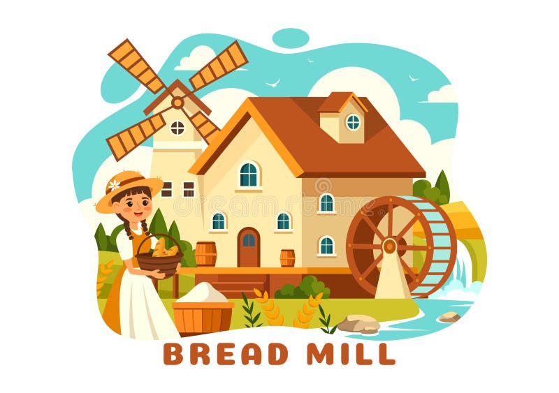 Bread Mill Vector Illustration with Wheat Sacks, Various Breads and ...