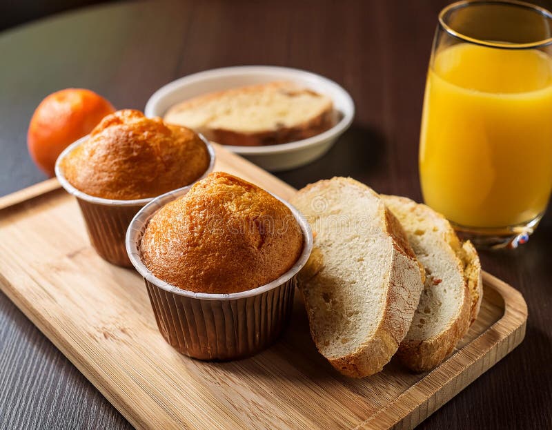 Bread Muffin. Juice, Muffins and Bread on the Breakfast Table Stock ...