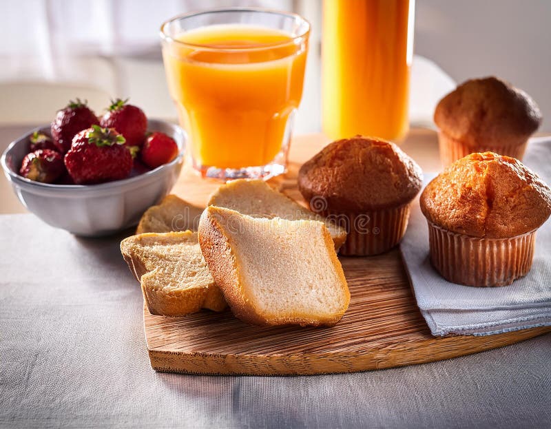 Bread Muffin. Juice, Muffins and Bread on the Breakfast Table Stock ...