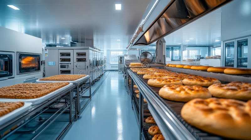 Bread and Pastries in Industrial Bakery on Metal Racks and Trays Stock ...