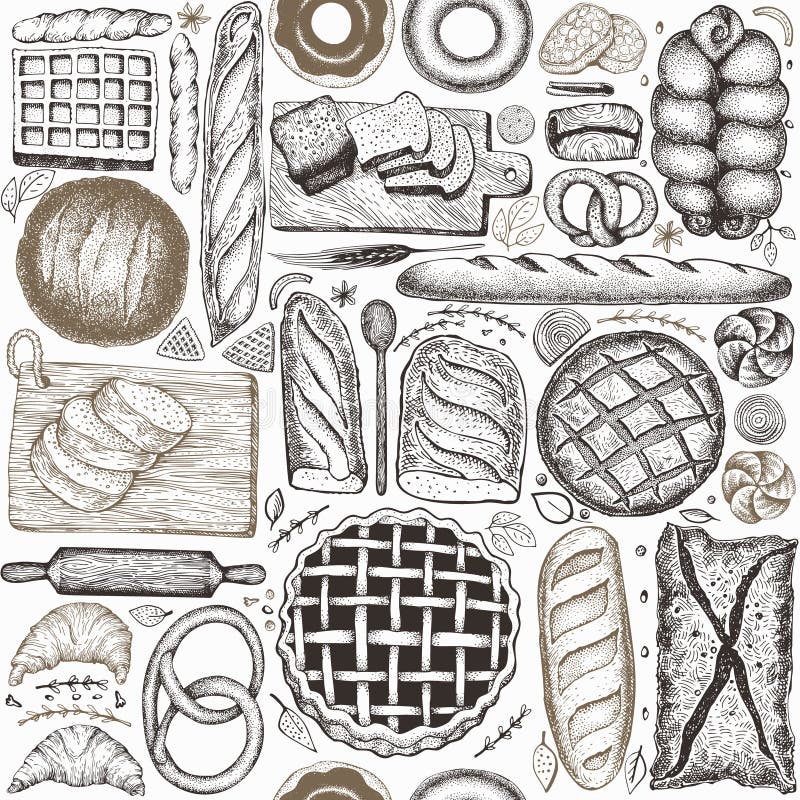 Bread and Pastry Seamless Pattern. Vector Bakery Hand Drawn ...