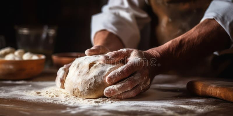 Bread Preparation, Hands Kneading Dough on Table, Generative AI Stock ...