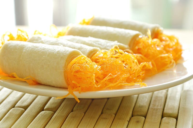 Bread Roll Golden Threads Applied Dessert on Plate Stock Image - Image ...