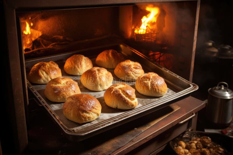 Bread rolls baking in oven stock photo. Image of oven - 285622124