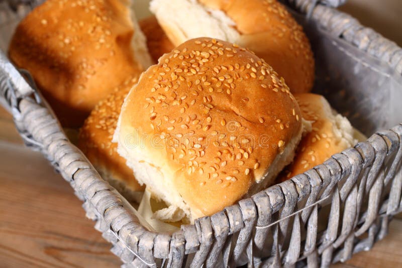 Bread rolls in basket a stock photo. Image of wood, wicker - 26309286