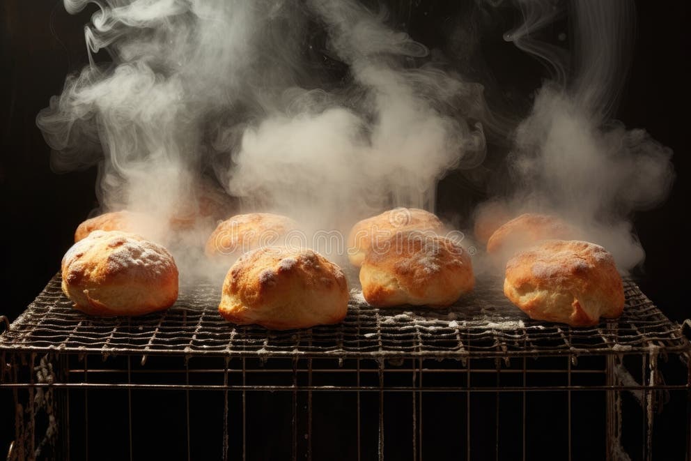 Bread Rolls Cooling on a Wire Rack, Steam Rising Stock Image - Image of ...