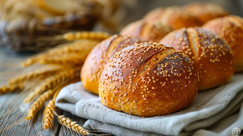 Bread Rolls with Sesame Seeds on a Table Stock Image - Image of paper ...
