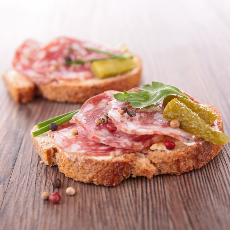 Bread with salami stock image. Image of dinner, salami - 38059211