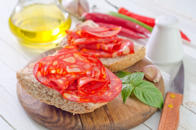 Bread with salami stock image. Image of pepperoni, brown - 35170883