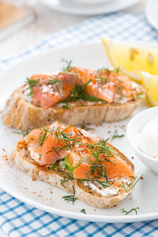 Bread with Salted Salmon and Cream Cheese for Breakfast, Closeup Stock ...