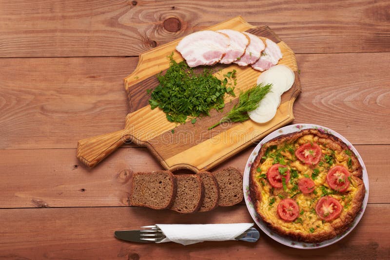 Bread, Scrambled Eggs, Bacon on a Table Stock Image - Image of menu ...