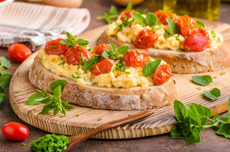 Bread scrambledd eggs stock photo. Image of omelet, green - 98774248