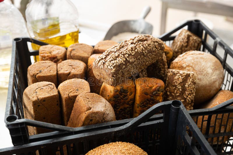 Bread with Seeds in Baking Tray in Bakery Stock Image - Image of ...