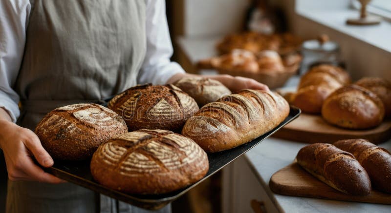 Bread Selection Displayed on Tray in Artisan Bakery Setting Stock Photo ...