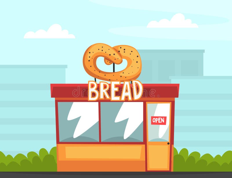 Bread Shop and Store Facade Building with Pretzel and Signboard Vector ...