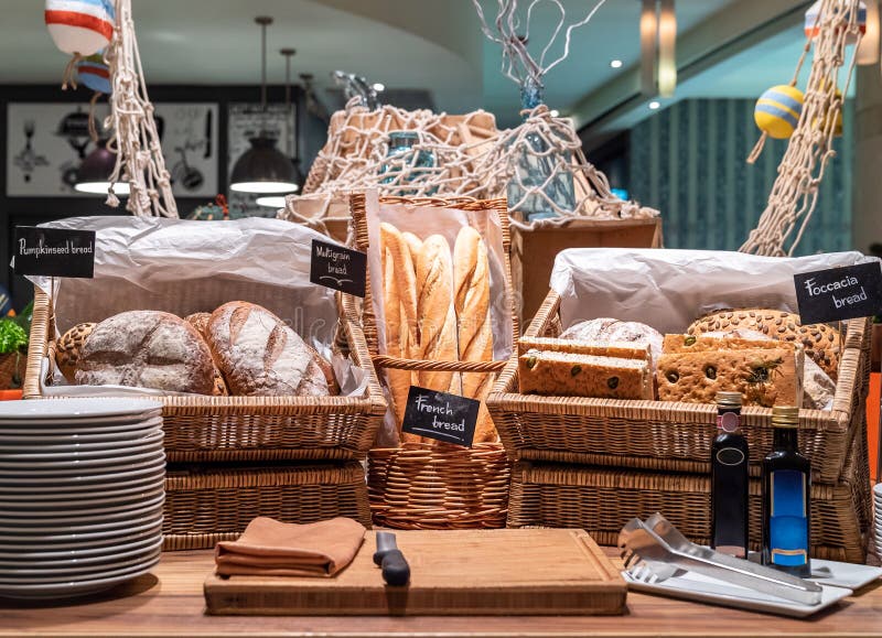 Bread Bar Station Buffet Catering, Close-up Assortment of Fresh Pastry ...