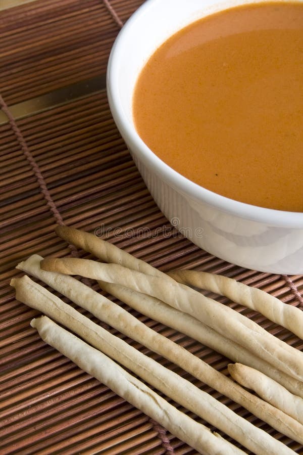Bread Stick and Tomato Soup Stock Photo - Image of brown, snack: 8343322