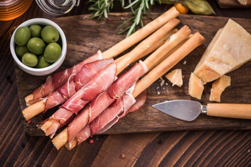 Bread Sticks with Prosciutto Ham,spanish Tapa Bar Food Stock Image ...