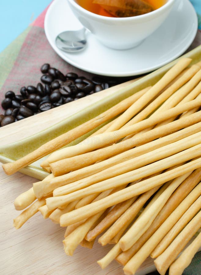 Bread Sticks Served with Hot Tea for Afternoon Tea. Stock Image - Image ...
