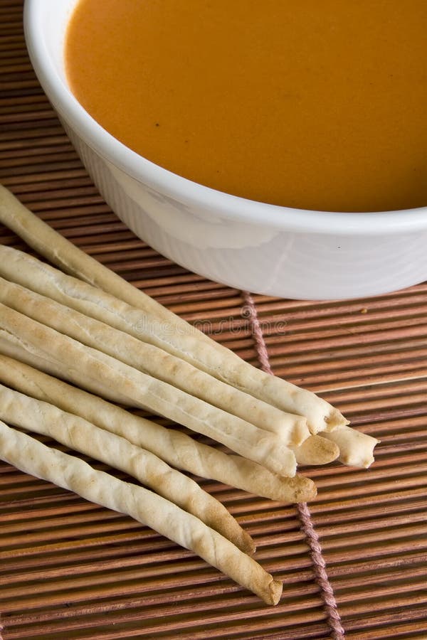 Bread Sticks and Tomato Soup Stock Photo - Image of healthy, homemade ...