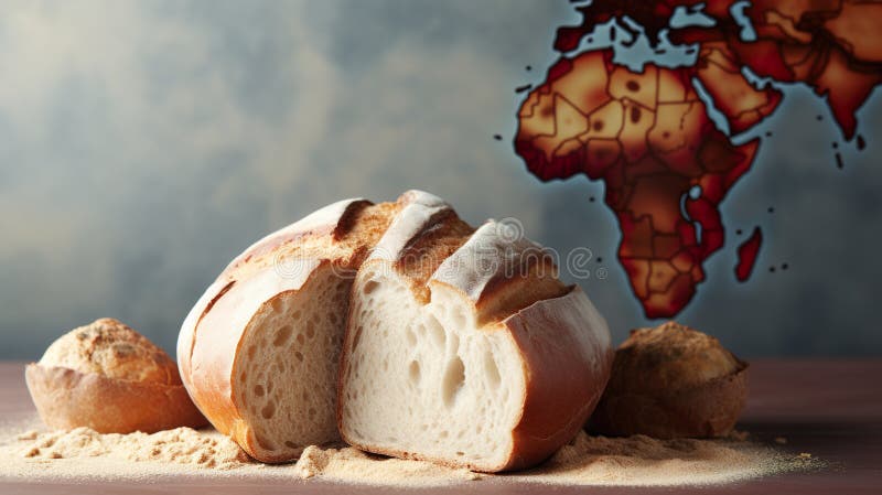Bread on Table Against World Map on Grey Background Stock Illustration ...