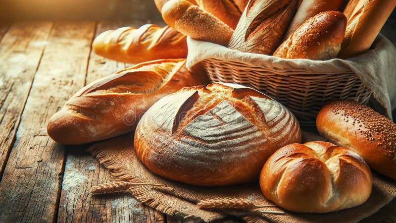Bread on a Table.bread is Golden and Crusty, with a Variety of Types ...