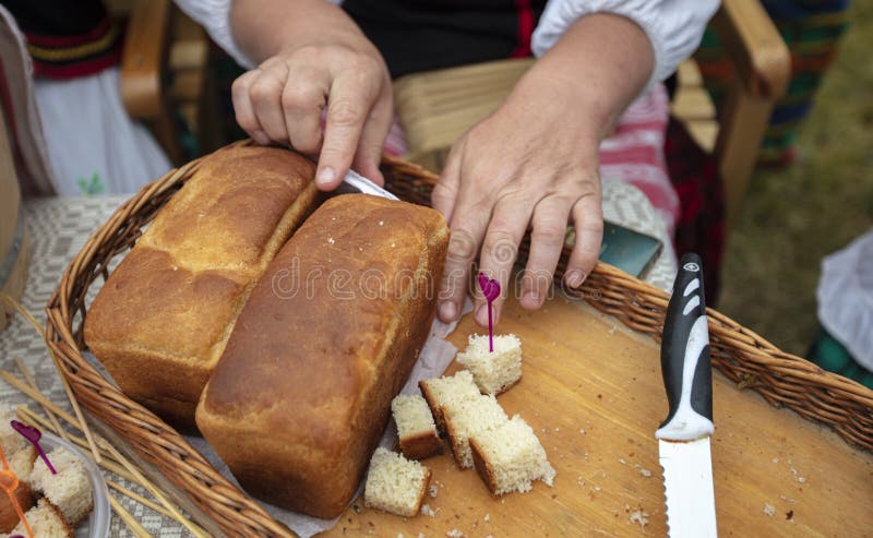 Bread Tasting. Hands Cut Samples Stock Image - Image of baked, flour ...