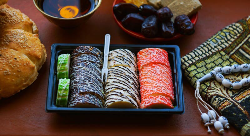 Bread, Tea and Dates, Halva Stock Photo - Image of plate, wooden: 248523672