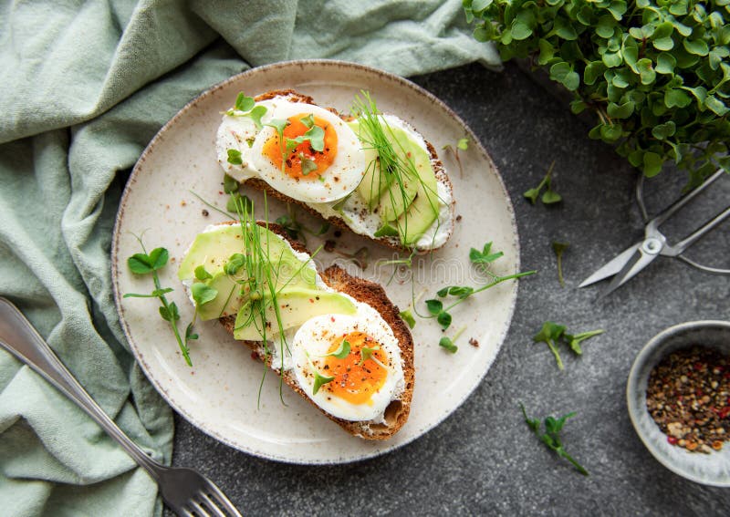 Bread Toast, Boiled Eggs, Avocado Slice, Microgreens on a Plate Stock ...