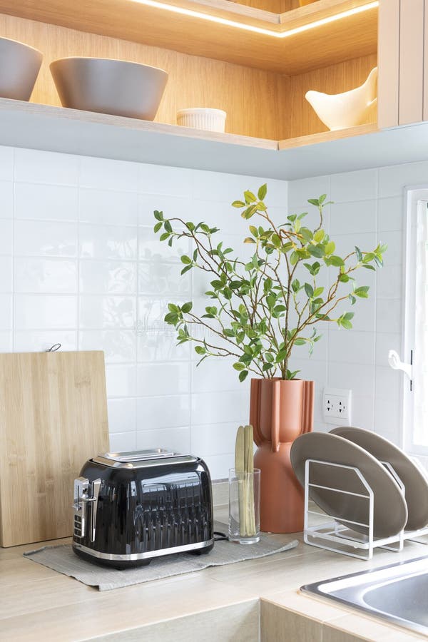 Bread Toaster on Kitchen Worktop with Tiled Walls Stock Image - Image ...