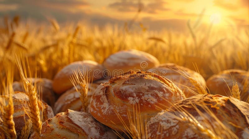 Bread and Wheat Field Against Sunset Sky, Bread and Wheat in Field ...
