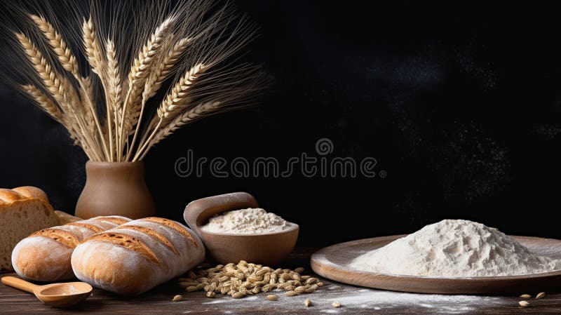 Bread, Wheat and Flour on a Black Board. Country Kitchen or Bakery ...
