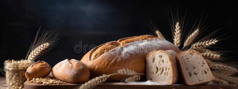 Bread, Wheat and Flour on a Black Board. Country Kitchen or Bakery ...