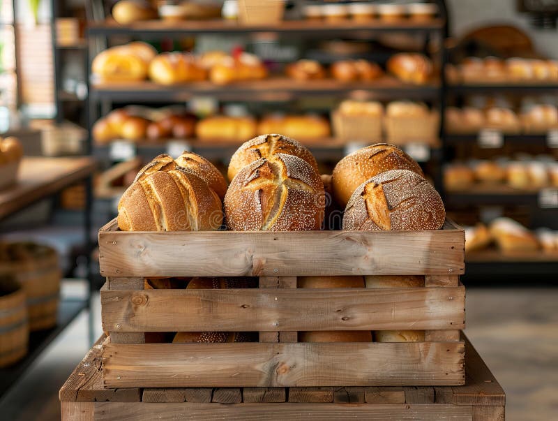 Bread in Wooden Crates on Display in a Bakery Stock Image - Image of ...