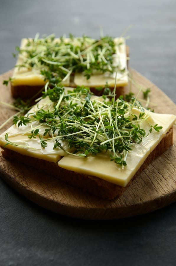 Bread with Yellow Cheese, Mayonnaise and Cress Garnish Stock Photo ...