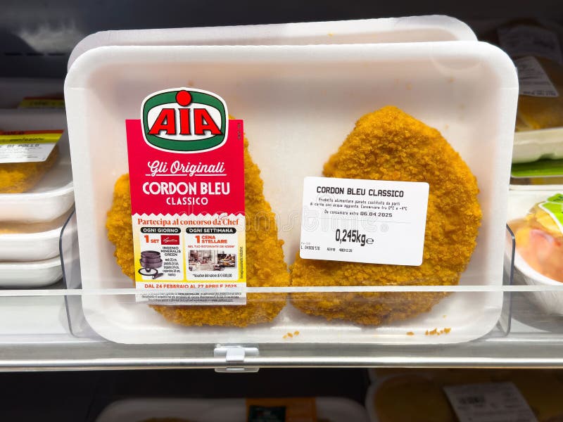 Breaded Chicken Cordon Bleu in Plastic Packaging with Label in ...