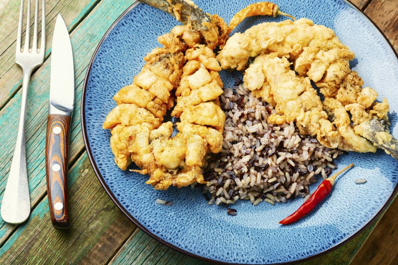 Breaded Fish and Boiled Rice Stock Photo - Image of lunch, diet: 279431142