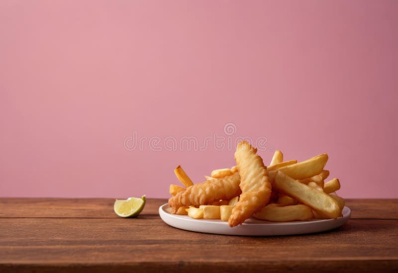 Breaded Fish and Chips with Lime on Pink Background Stock Illustration ...