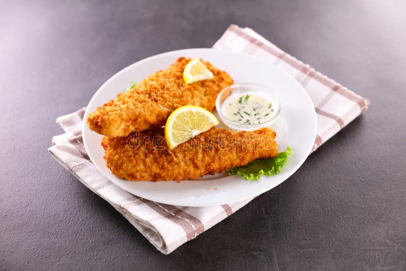 Breaded Fish with Dipping Sauce Stock Photo - Image of lemon, sauce ...