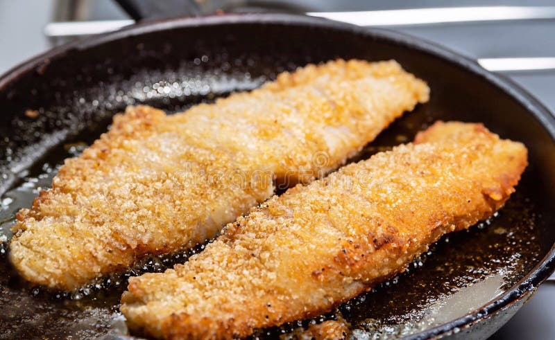 Breaded Fish Fillet in a Frying Pan Stock Illustration - Illustration ...