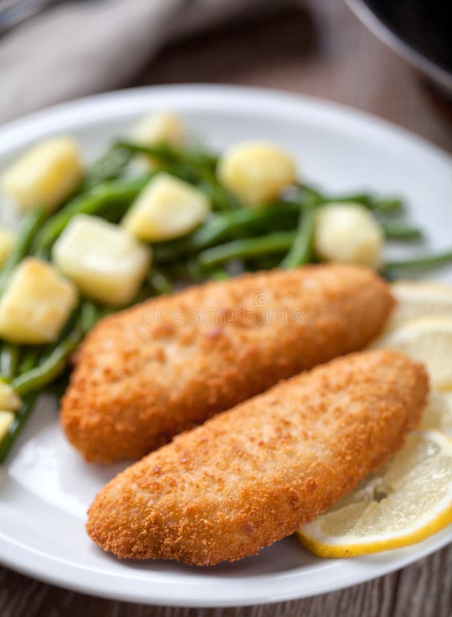 Breaded Fish Fillet with Potatoes and Green Beans. Stock Photo - Image ...