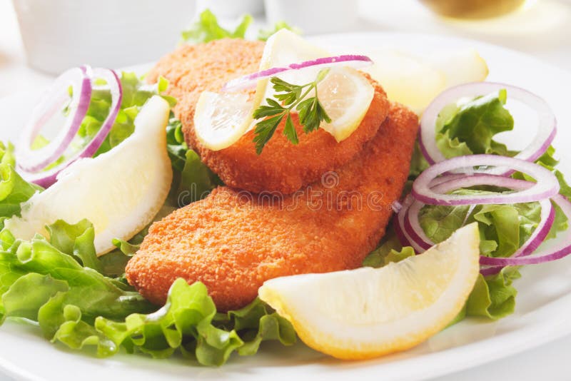 Breaded fish and lettuce stock image. Image of salad - 25160591