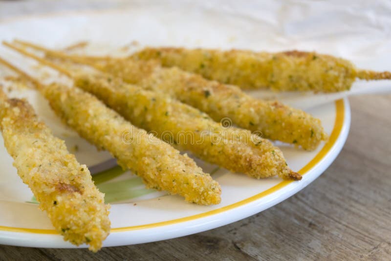 Breaded fish skewers stock photo. Image of spiedino, fried - 75275134