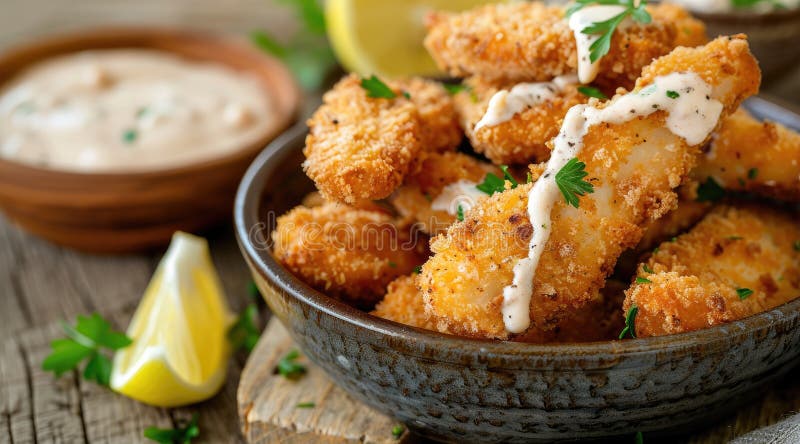Breaded and Fried Fish Fingers Served with Remoulade Sauce and Lemon ...