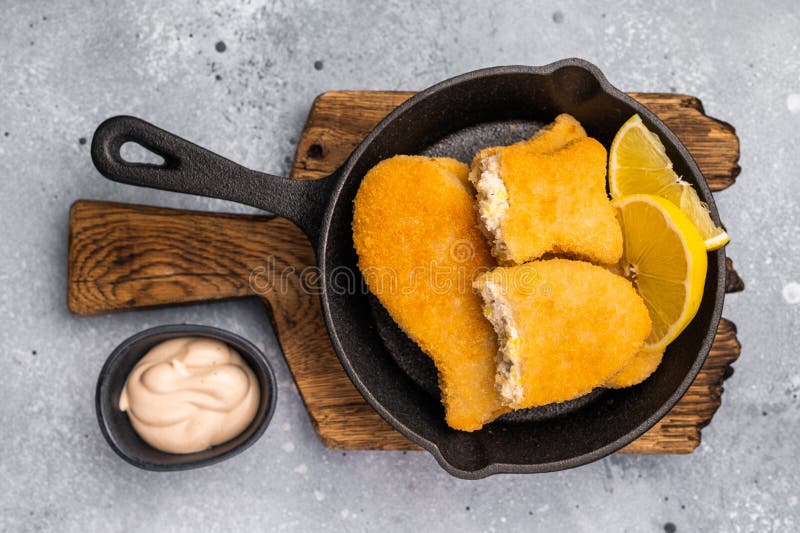 Breaded Gold Fish Sticks Pan Grey Background Top View Stock Photos ...