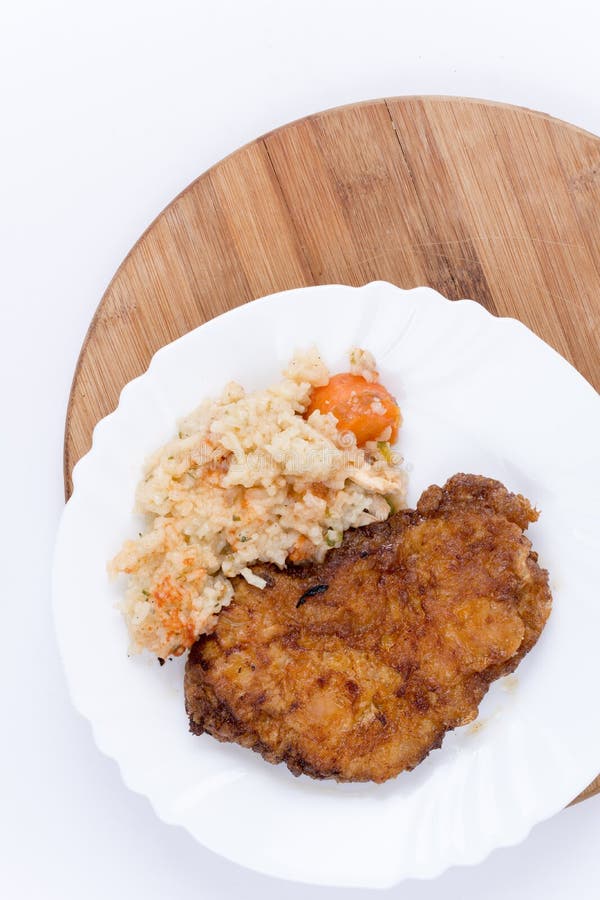 Breaded Meat with Cooked Rice with Vegetables Stock Image - Image of ...
